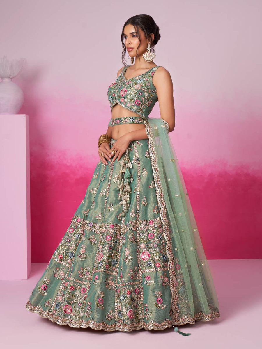 Blouse and Sea Green Sequined Lehenga with Dupatta Set– PAAIE