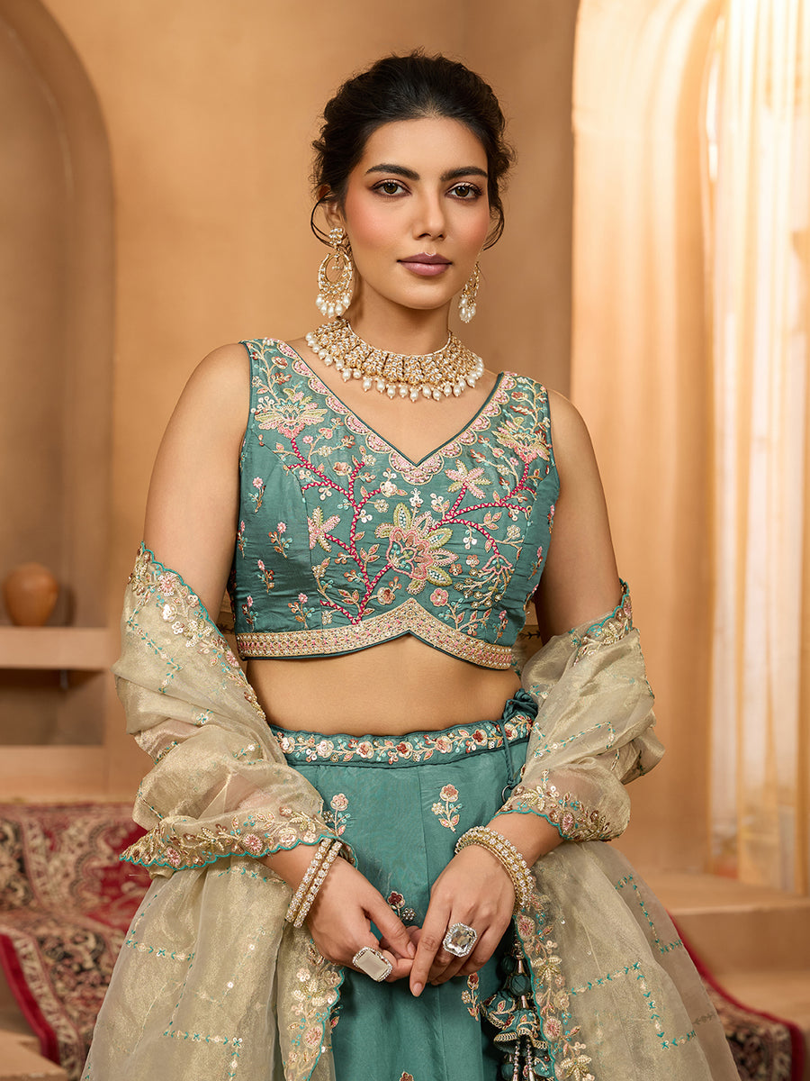 Set of Green Georgette Lehengas with Sequin Embroidery– PAAIE