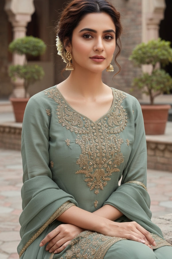 Pastel Green Georgette Sequins Cutdana Suit & Palazzo– PAAIE