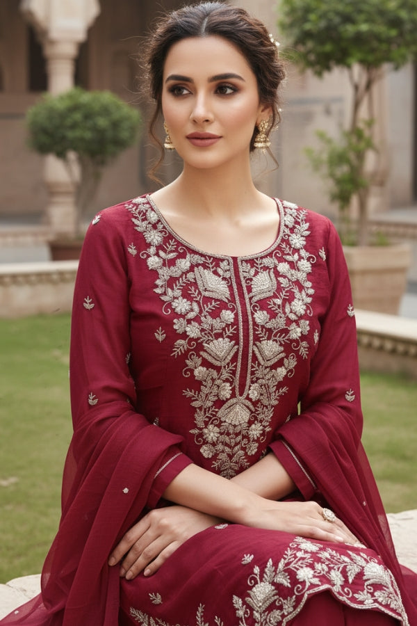 Magenta Chinon Silk Sequins Cutdana Suit & Palazzo With Dupatta– PAAIE