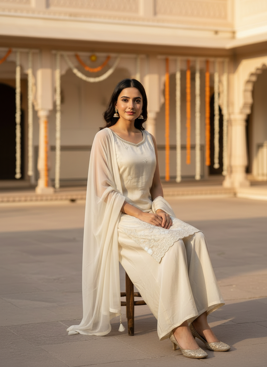 Dusky Cream Simmer Tissue Sequins Cutdana Suit & Palazzo Set– PAAIE