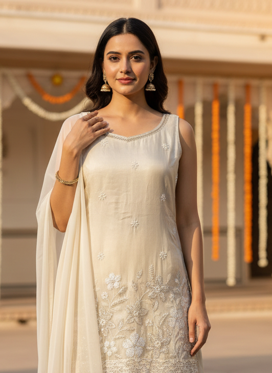 Dusky Cream Simmer Tissue Sequins Cutdana Suit & Palazzo Set– PAAIE