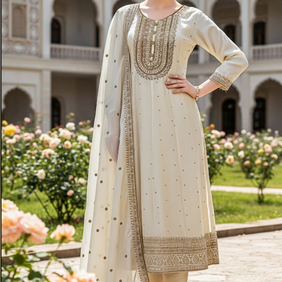 Off-White Chinon Silk Sequins Cutdana Embroidered Suit Set– PAAIE