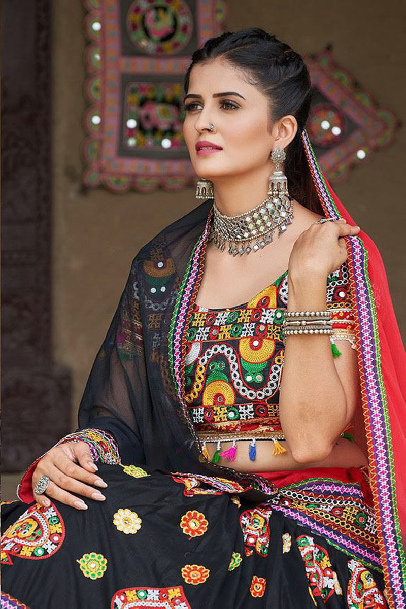 Navratri Wear Black Color Embroidered Mirror Work Lehenga Choli In Cot ...