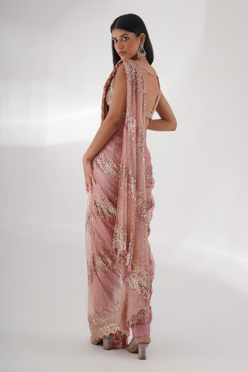 Pink Sequins Sweetheart Embellished Pant Saree with Blouse |Paaie– PAAIE