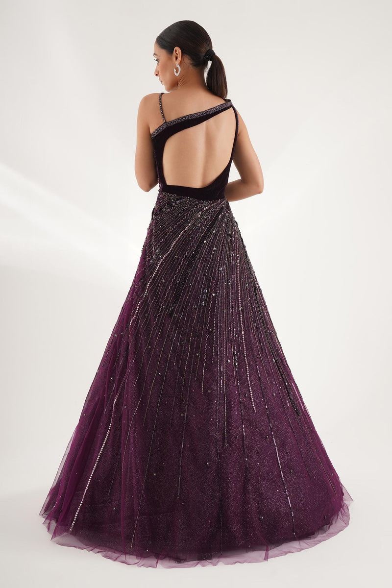 Asymmetric Gradient Gown with Wine Net and Velvet Embroidered Beads.– PAAIE