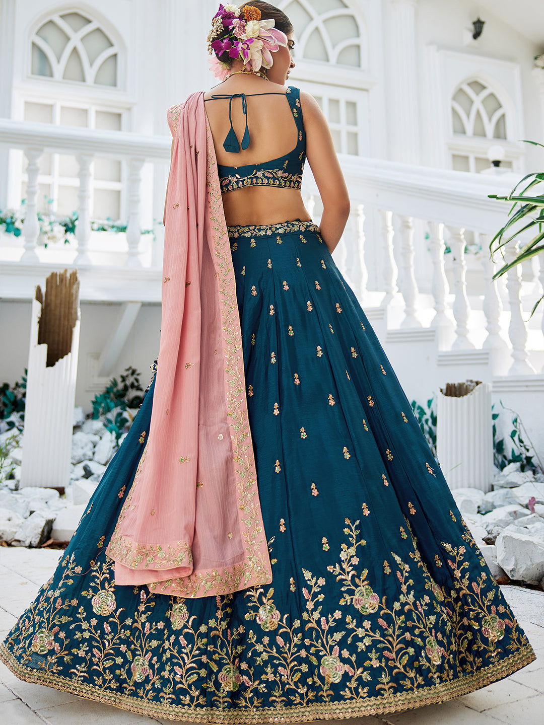 Navy Blue Chiffon Embroidered Lehenga Choli with Dupatta Set– PAAIE