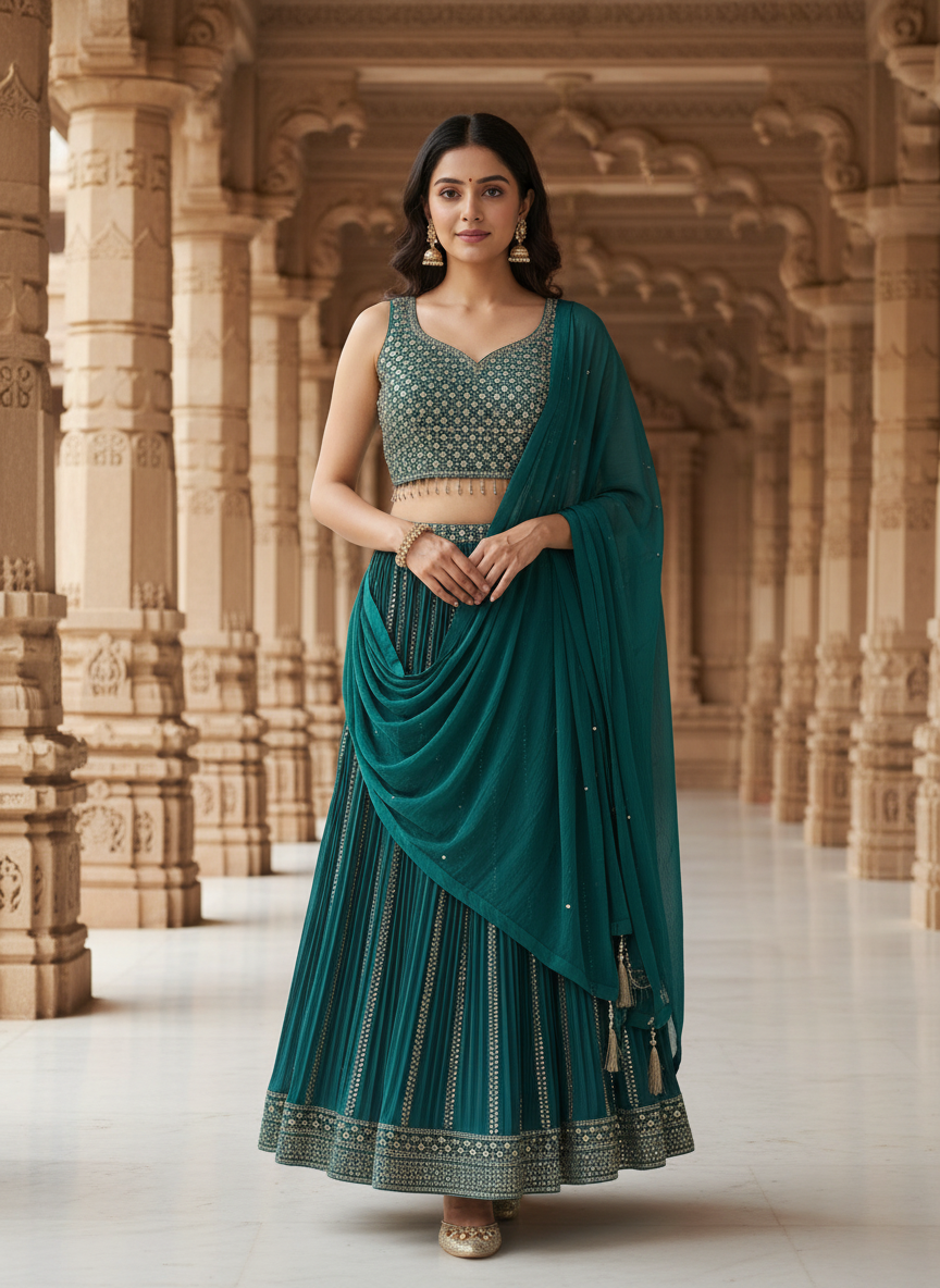 Green Georgette Lehenga Set Sequins Embroidery Blouse & Dupatta– PAAIE