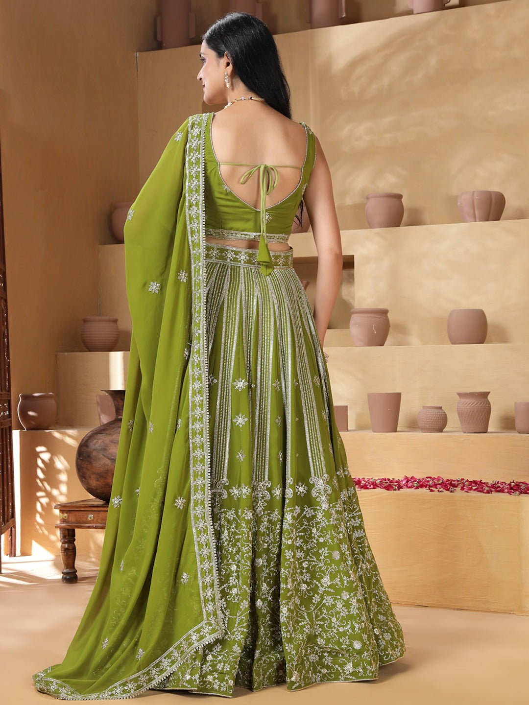 Sequins Work Mehandi Green Georgette Lehenga Set– PAAIE