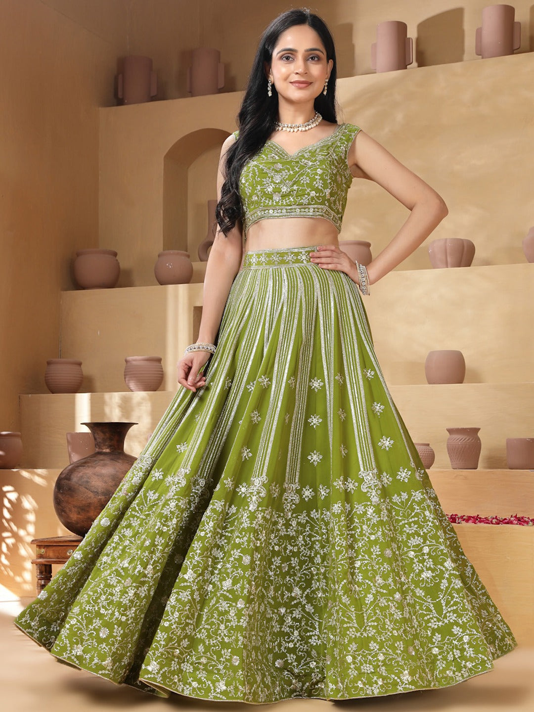 Sequins Work Mehandi Green Georgette Lehenga Set– PAAIE