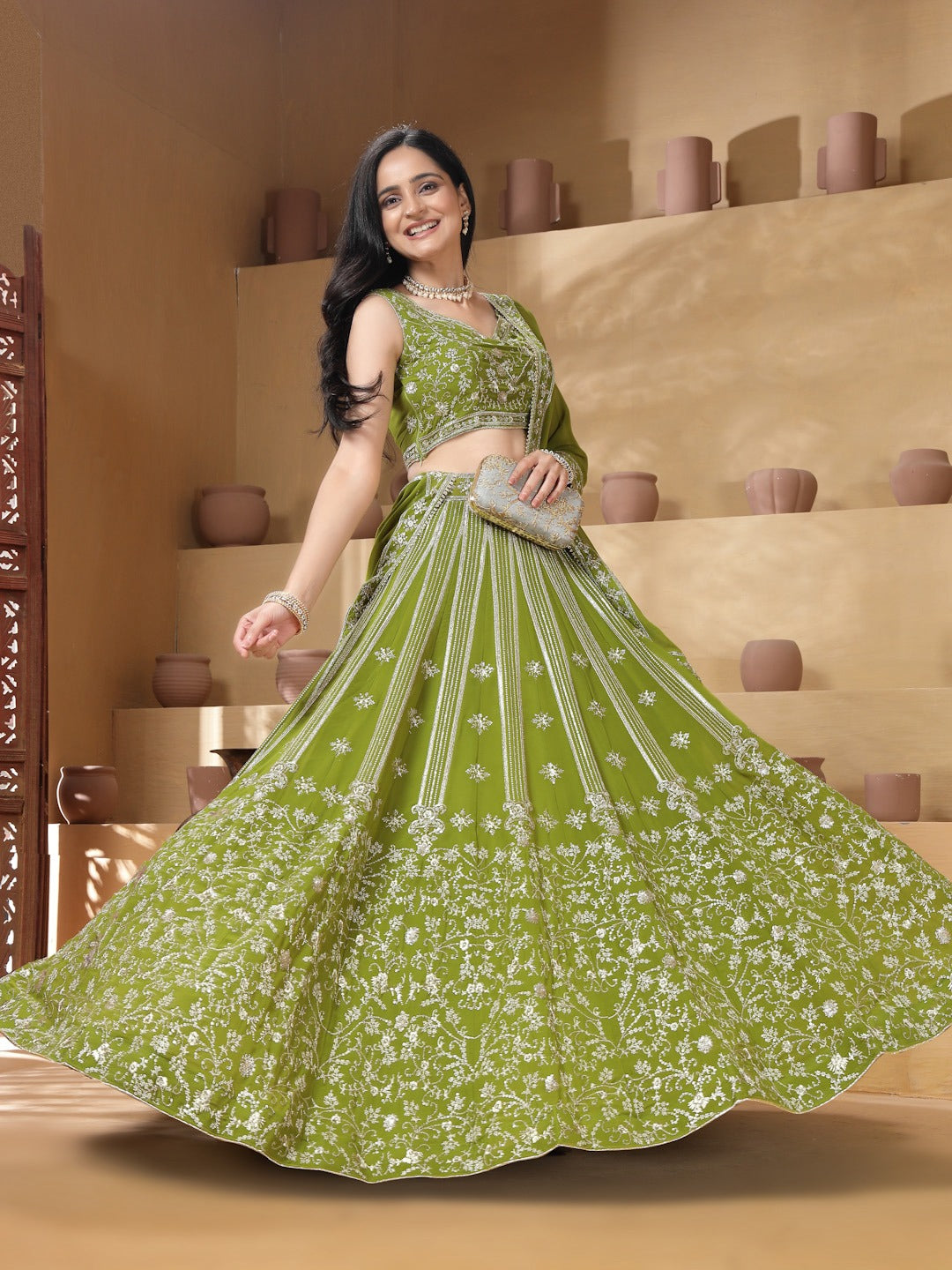 Sequins Work Mehandi Green Georgette Lehenga Set– PAAIE