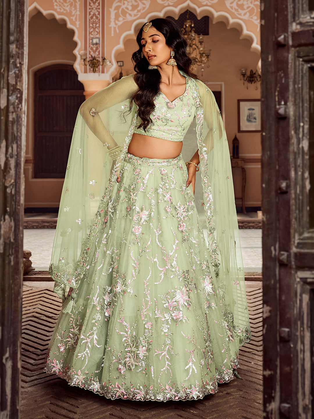 Vibrant Limegreen Sequin Net Lehenga Party Wear– PAAIE