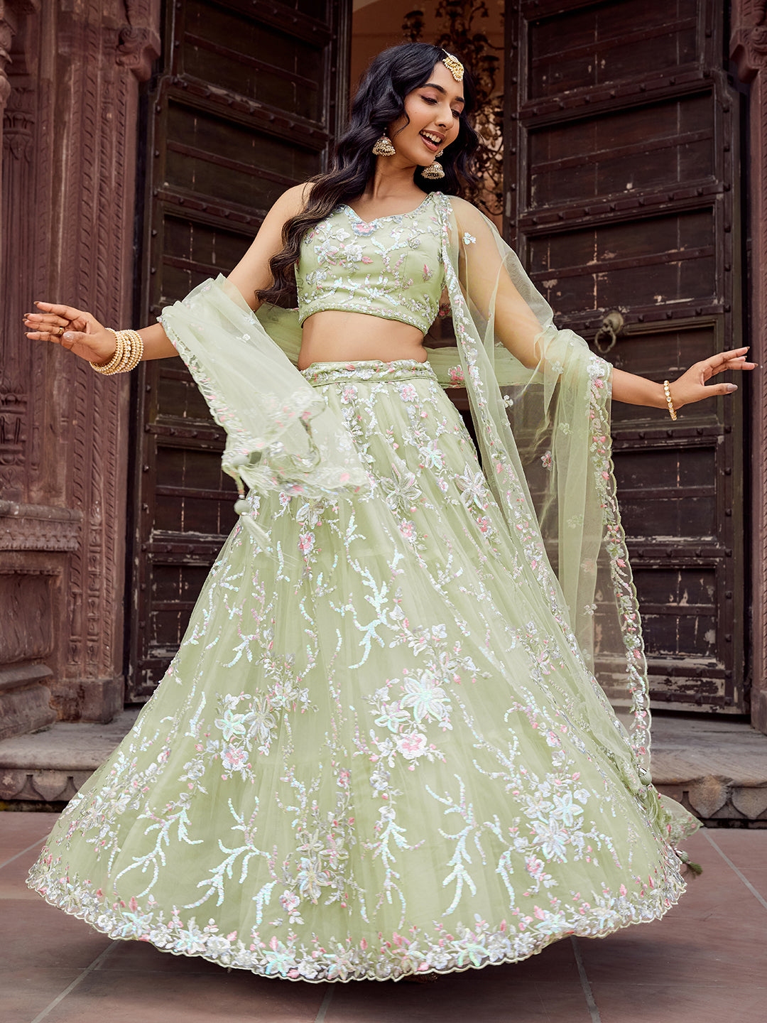 Vibrant Limegreen Sequin Net Lehenga Party Wear– PAAIE