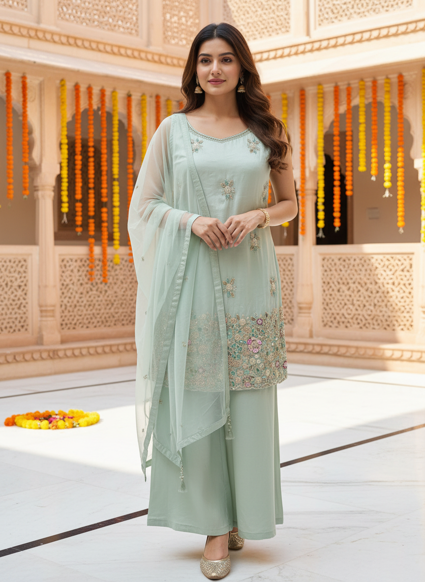 Green Simmer Tissue Sequins Cutdana Embroidery Suit & Palazzo– PAAIE