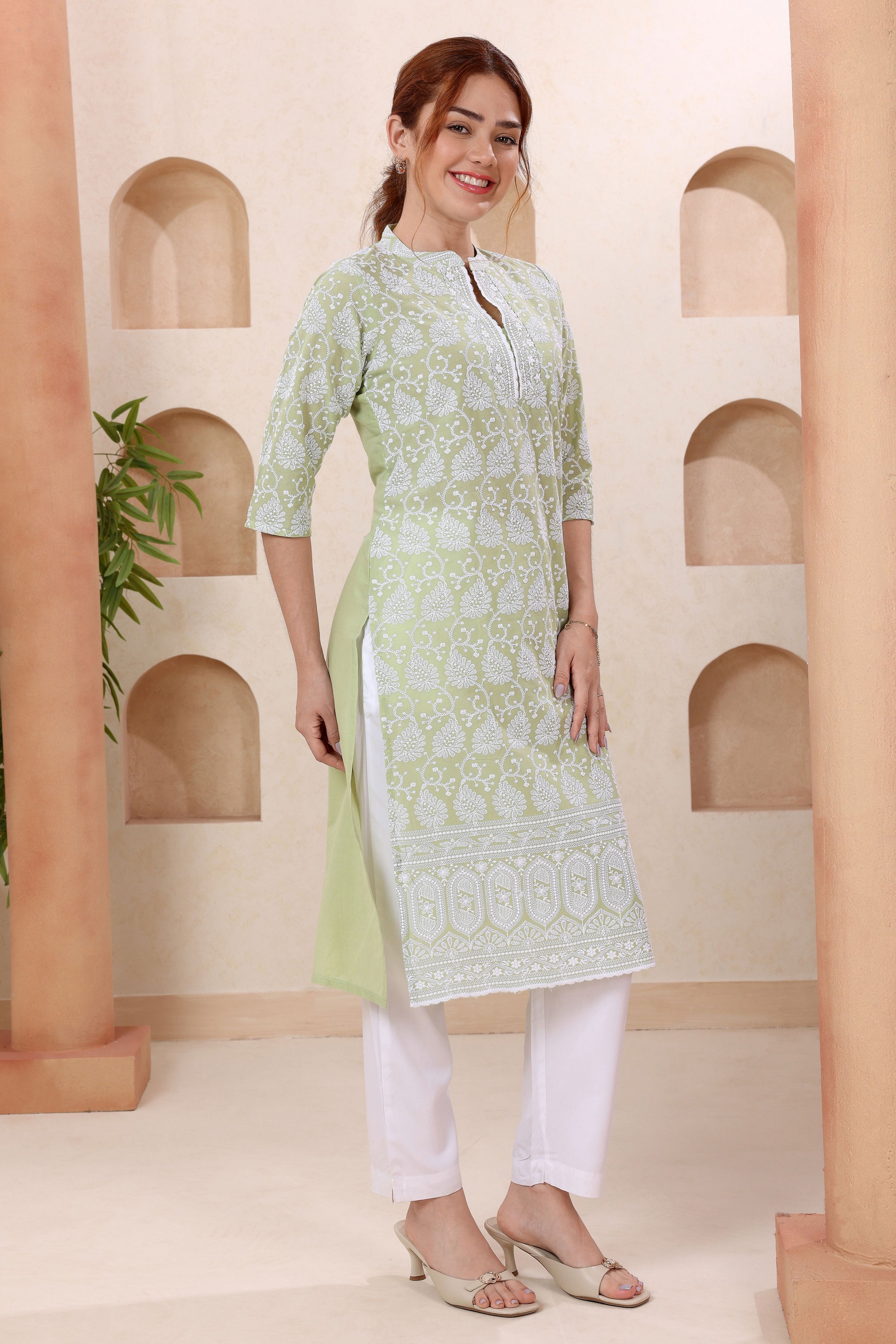 Light Pista Pure Cotton Chikankari Long Kurti for Women– PAAIE