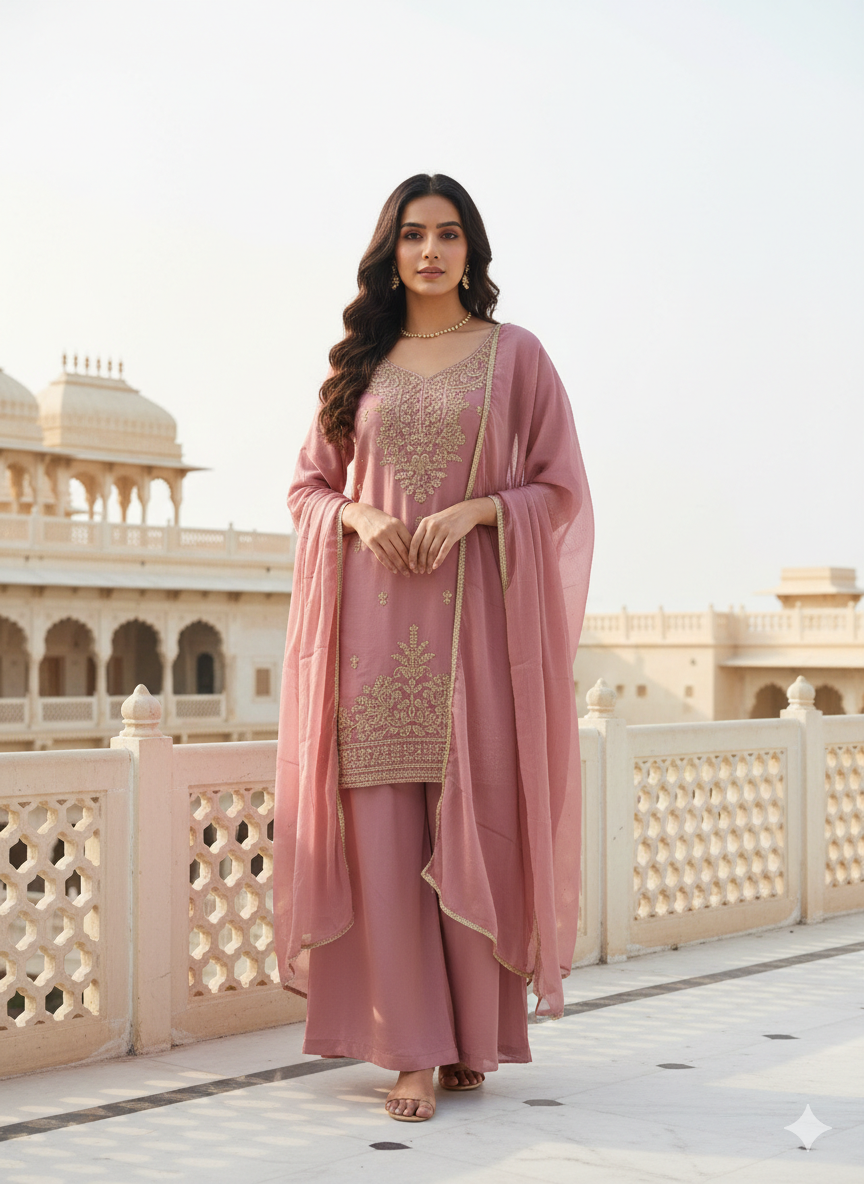 Dark Peach Chinon Silk Sequins Cutdana Embroidery Suit Palazzo Set– PAAIE
