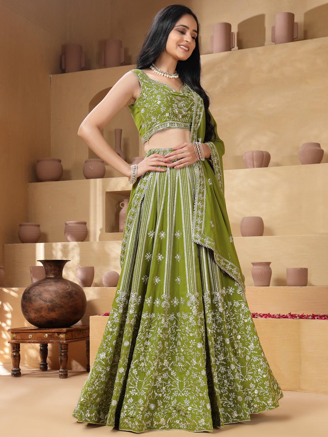 Sequins Work Mehandi Green Georgette Lehenga Set– PAAIE