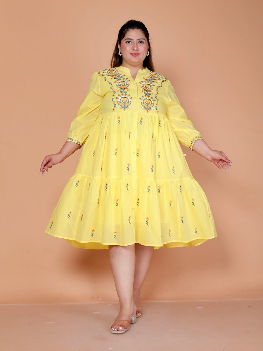 Yellow Cotton Dress with Embroidered Work for Women Paaie Shop India– PAAIE