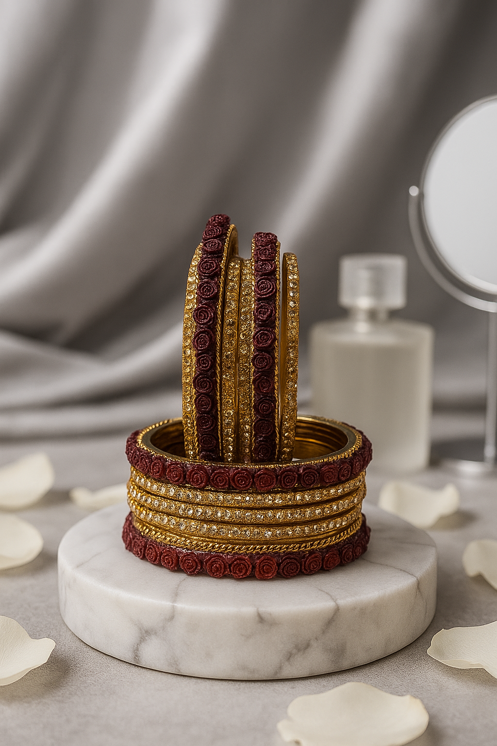 Maroon Zircon Diamond Studded & Floral Beaded Glass Bangle– PAAIE