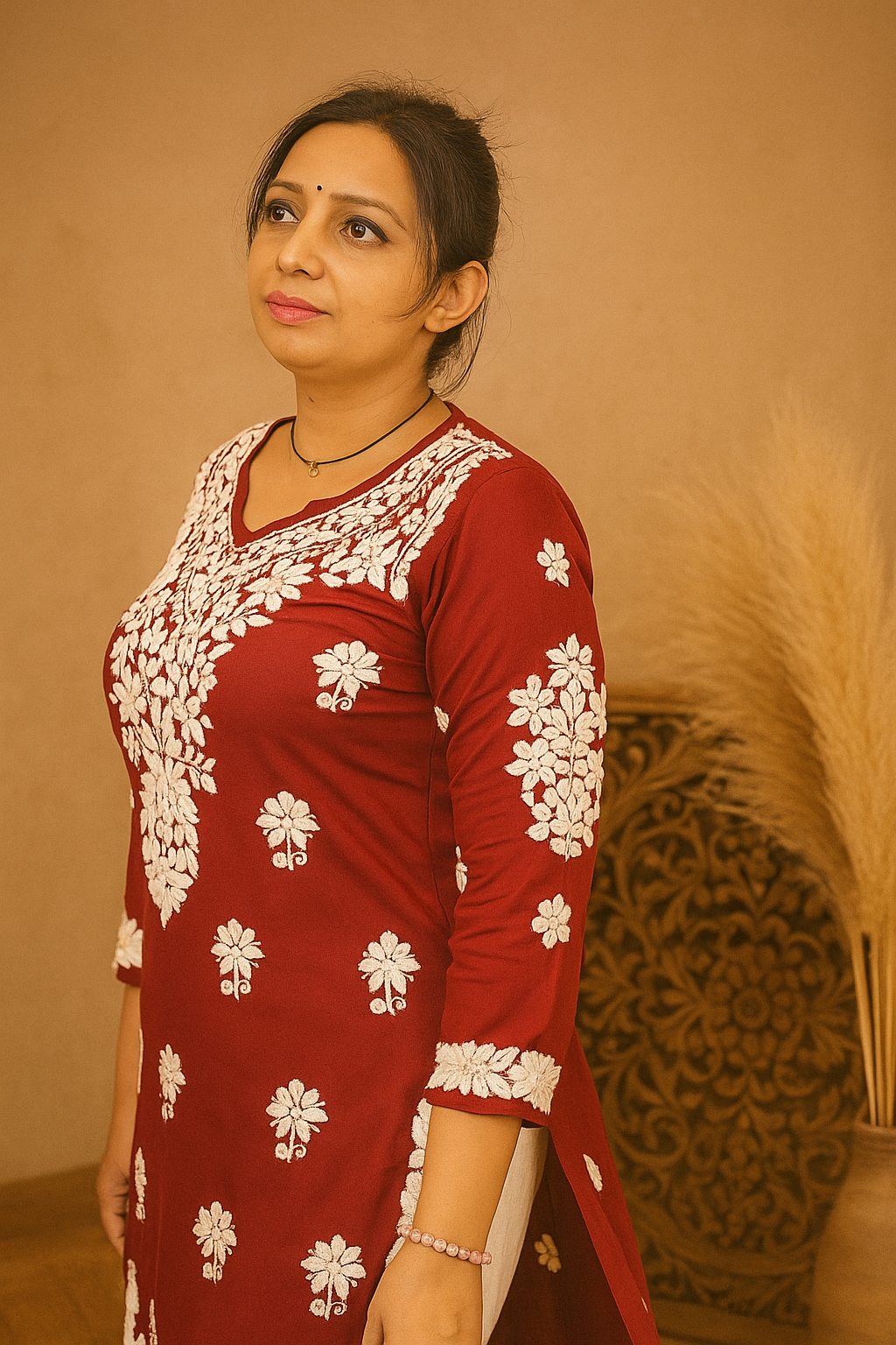 Maroon Rayon Embroidered Chikankari Long Kurti | Women's– PAAIE