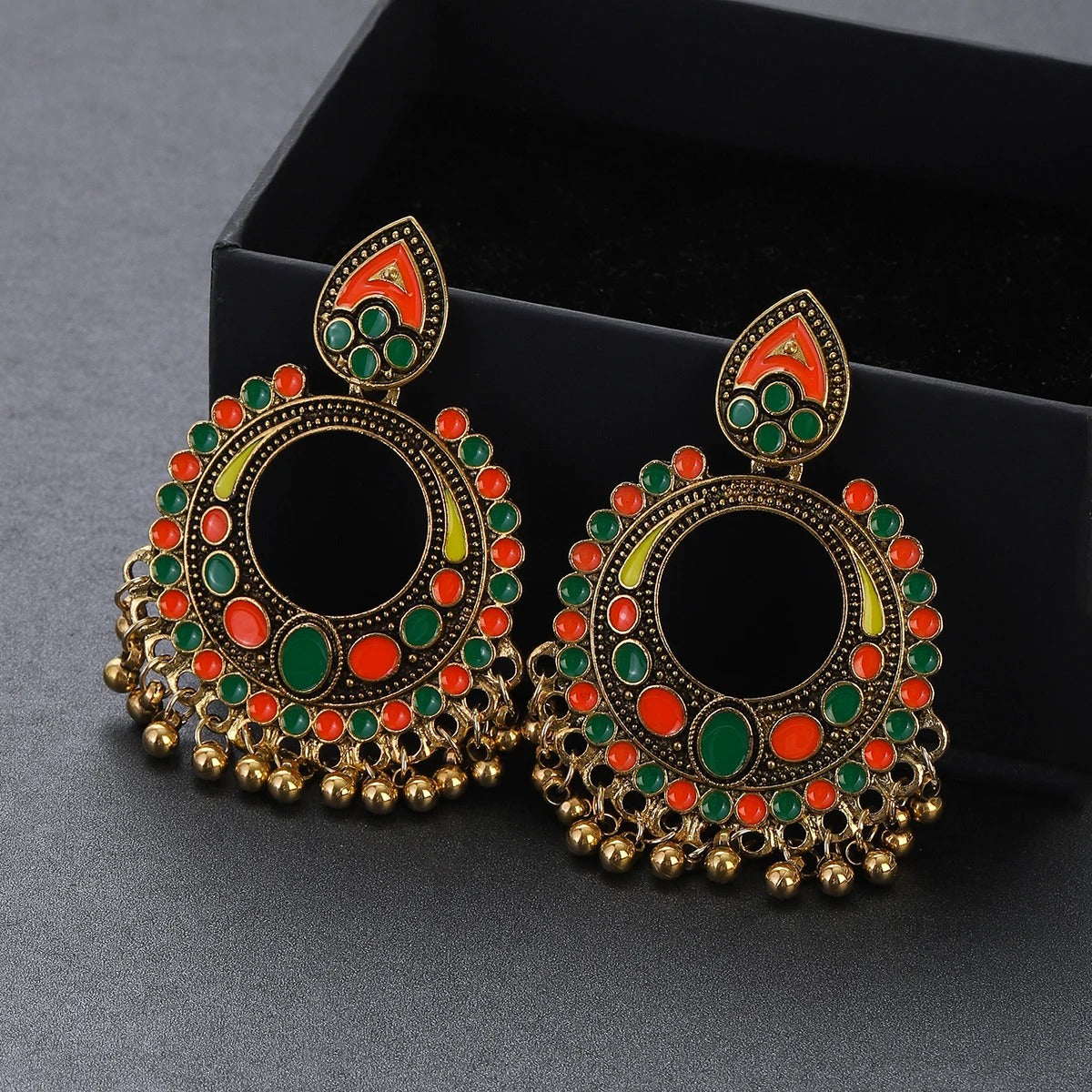 Women's Antique Round Enamel Ethnic Drop Gold Bell Earrings– PAAIE