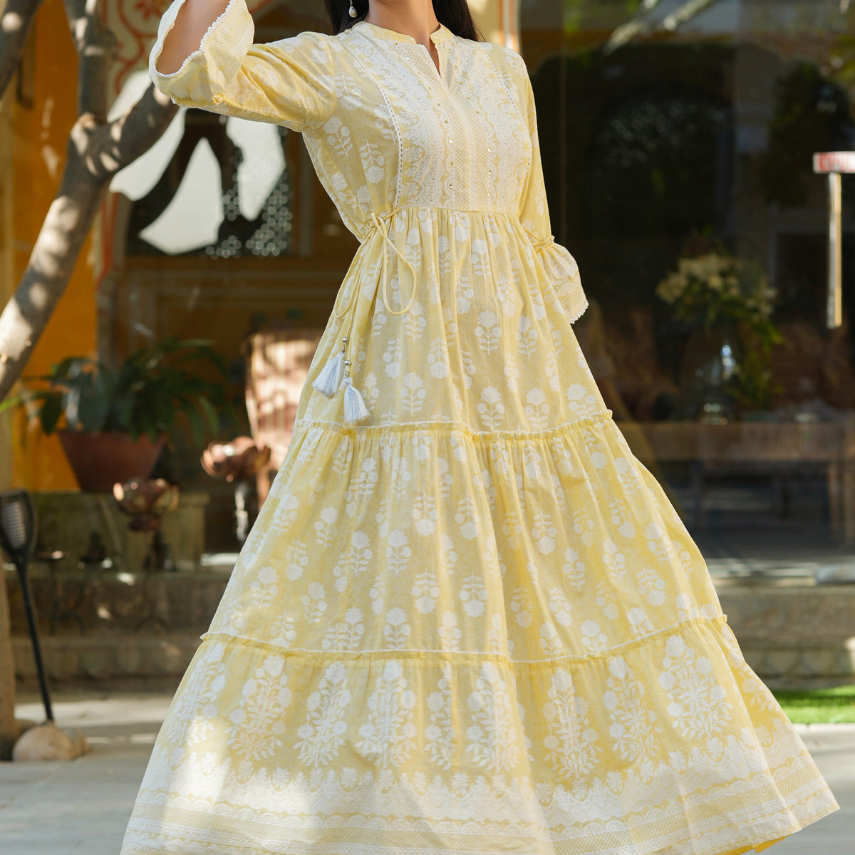 Women's Lemon Yellow Pure Cotton Maxi Dress | Sequins & Ethnic Print– PAAIE