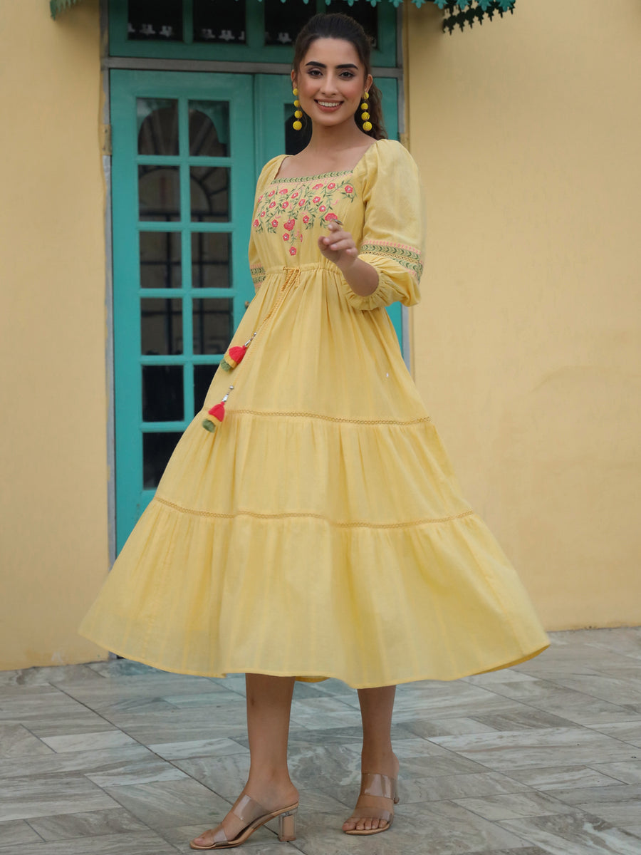Women's Yellow Embroidered Tiered Cotton Dress– PAAIE