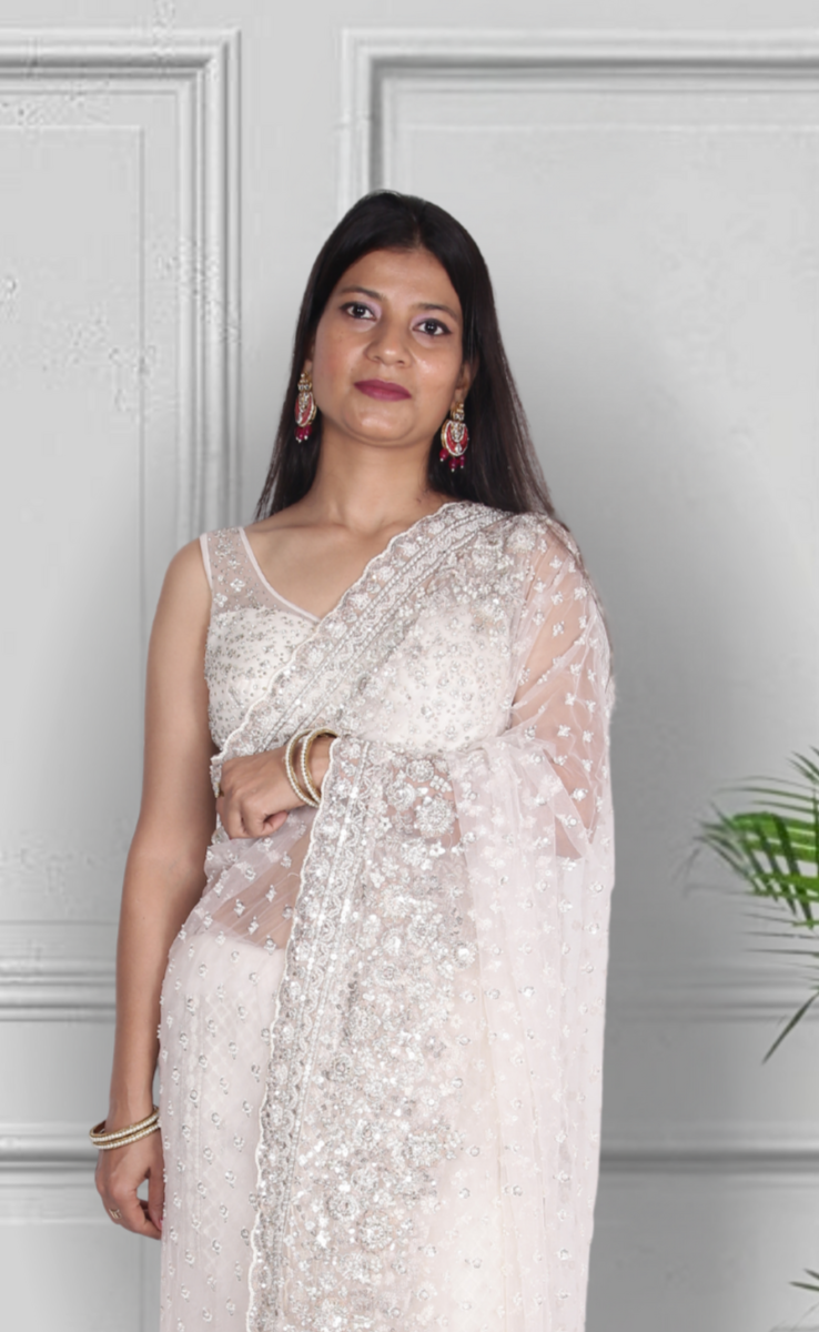 Bollywood Style Cream Net & Cutdana Work Saree for Women– PAAIE