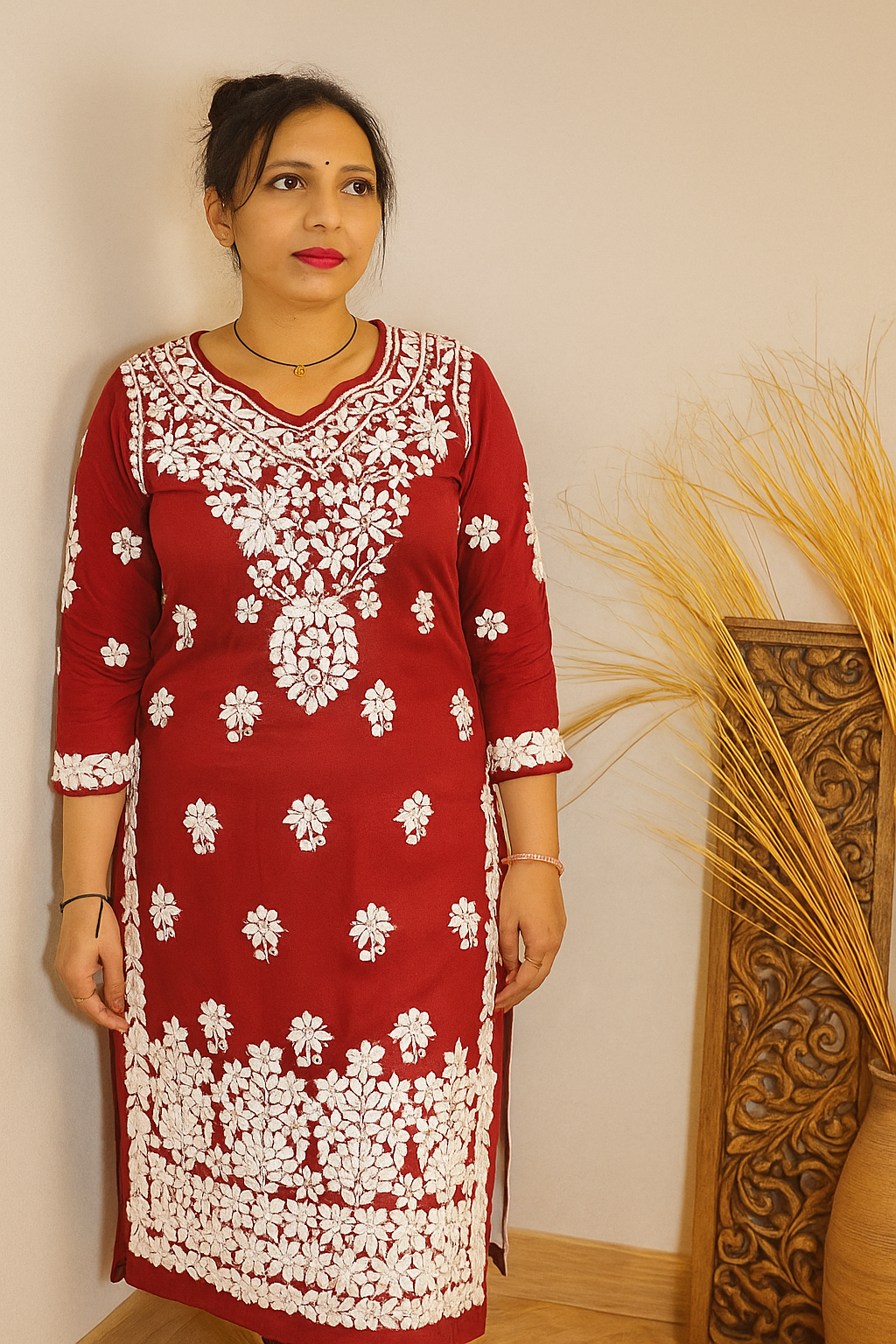 Maroon Rayon Embroidered Chikankari Long Kurti | Women's– PAAIE