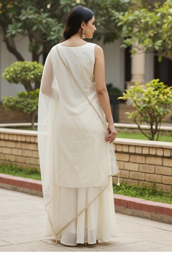 Women’s Cream Shimmer Tissue Suit with Golden Zari & Stone Work– PAAIE