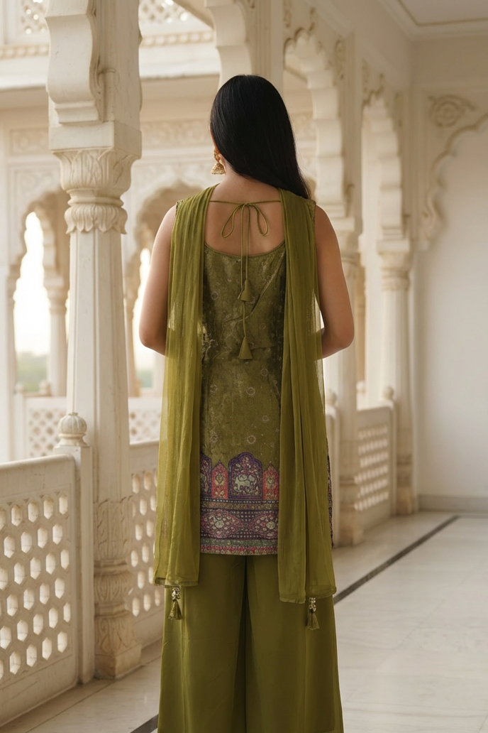Mehndi Green Silk Golden Zari Stone Work Suit Palazzo Set– PAAIE