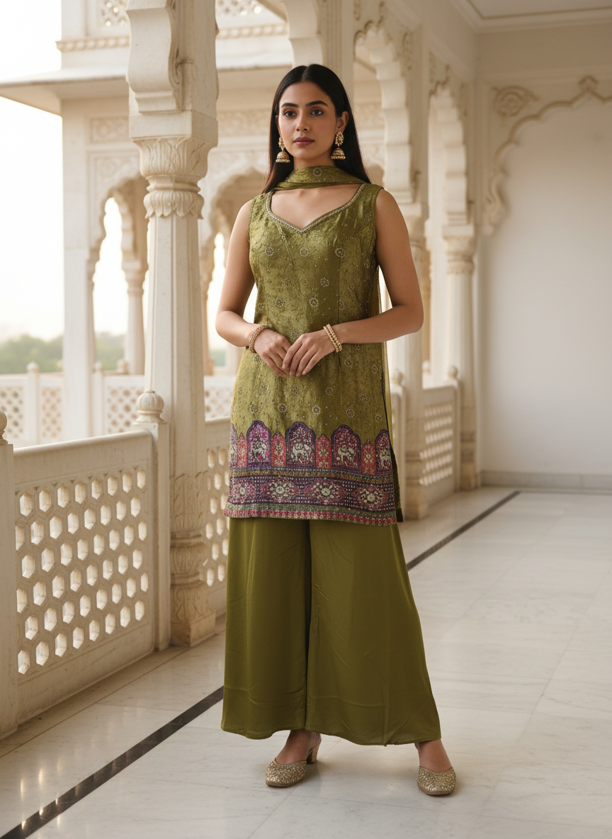 Mehndi Green Silk Golden Zari Stone Work Suit Palazzo Set– PAAIE