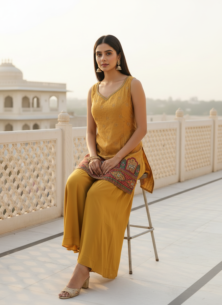 Yellow Silk Golden Zari Stone Work Suit Palazzo Set With Dupatta– PAAIE