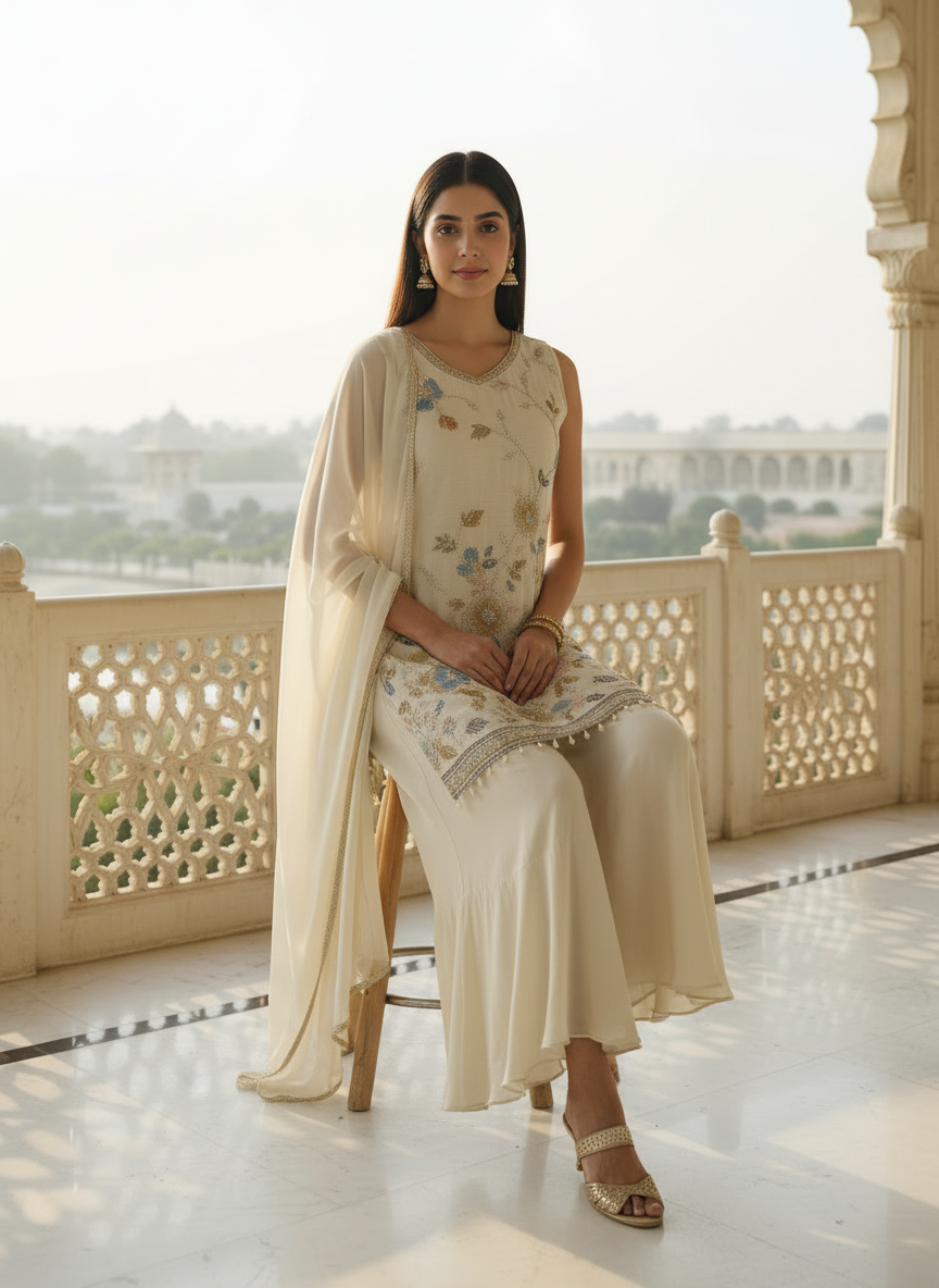 Beige Simmer Tissue Golden Zari Stone Work Suit Palazzo Set– PAAIE