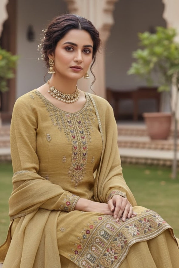 Yellow Colour Simmer Tissue Sequins Cutdana Embroidery Suit With Garara ...