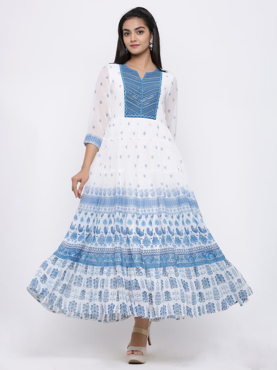 Women's Maxi Dress in White and Blue Printed Poly Georgette– PAAIE