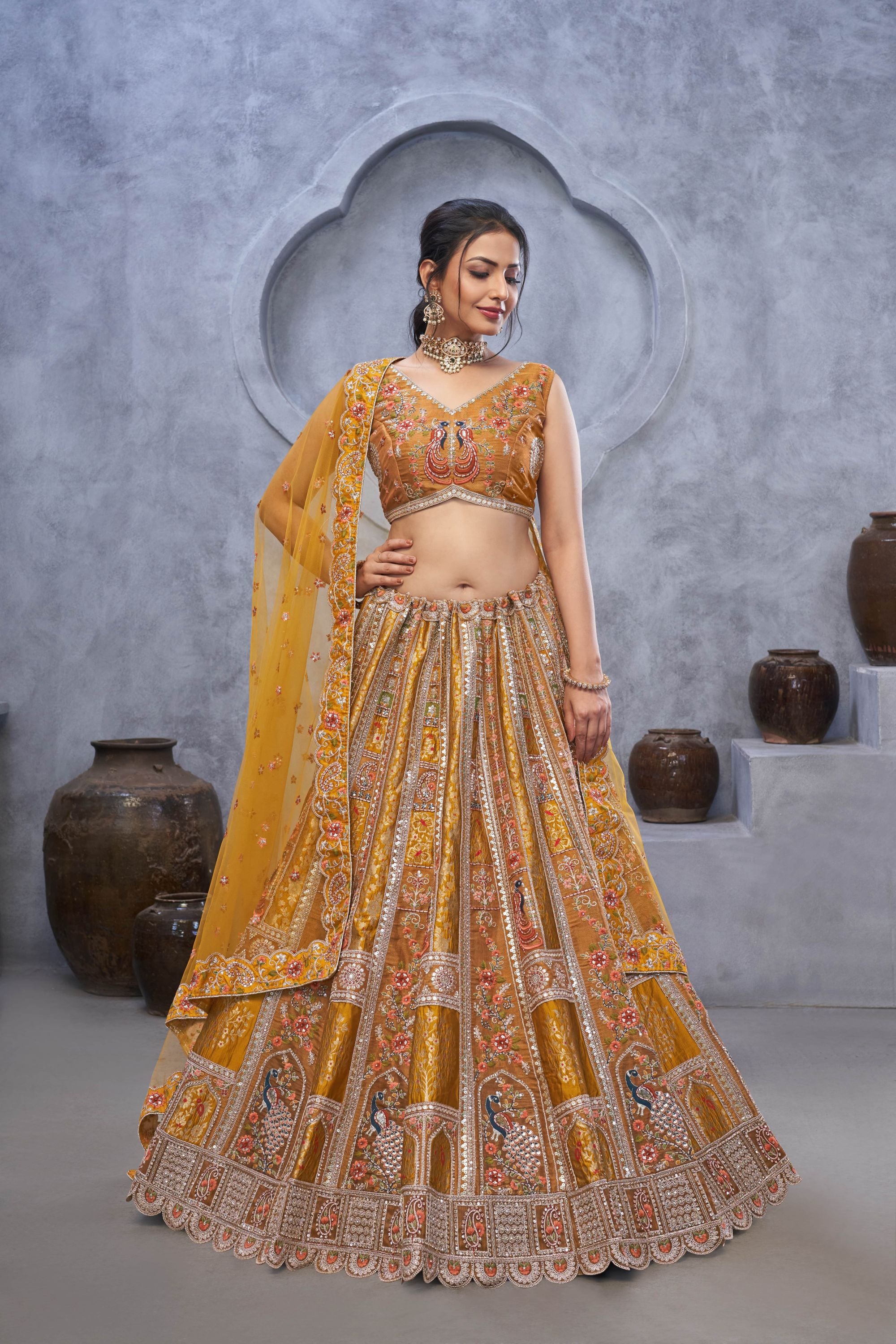 Amazing Bridal Lehenga with Mustard Peacock Embroidery for a Party– PAAIE