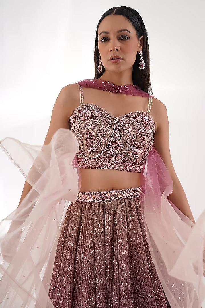 Pink Lycra Embroidery Sequin Sweetheart Ombre Pleated Lehenga Set For ...