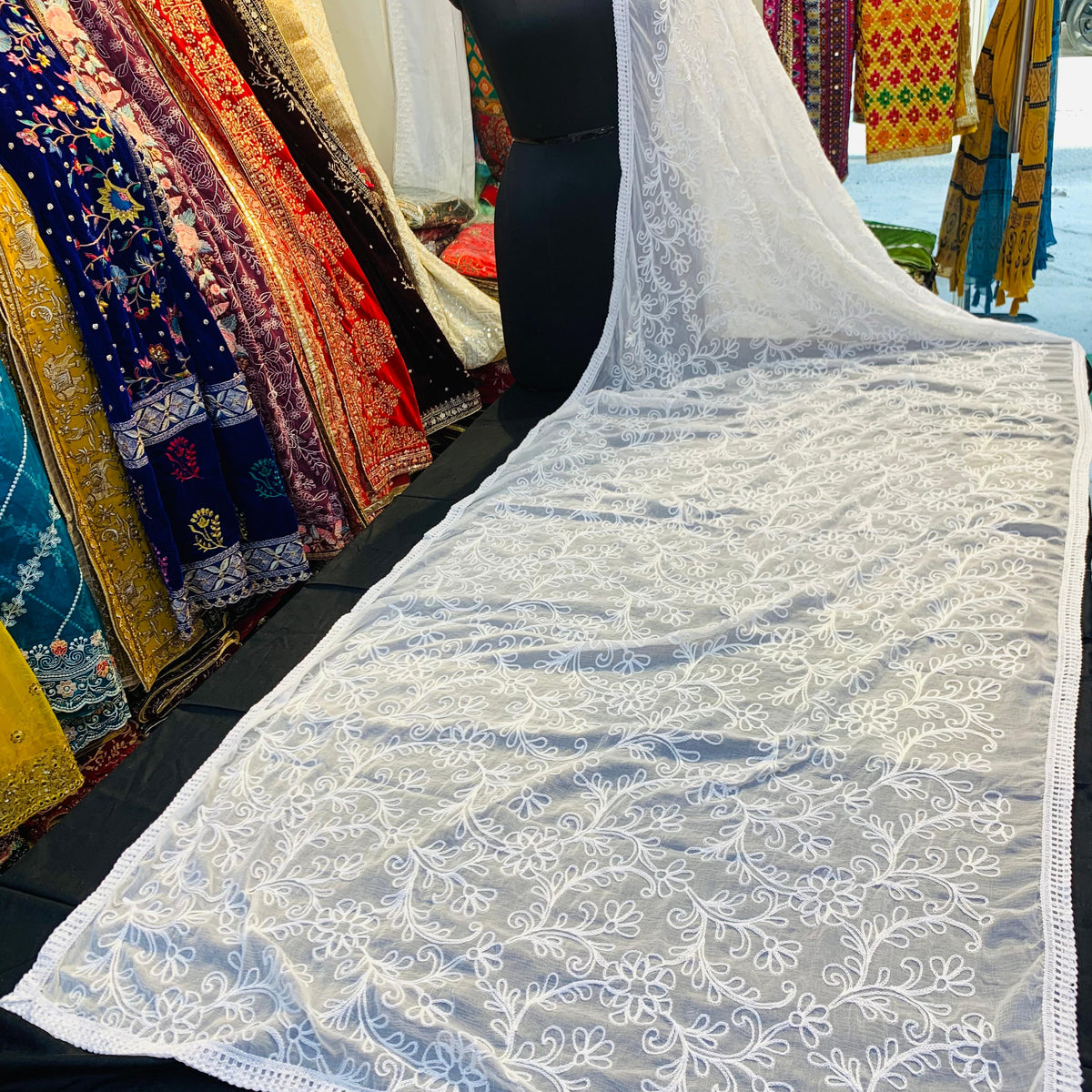 Delicate White Chiffon Dupatta with Intricate Embroidery For Women– PAAIE