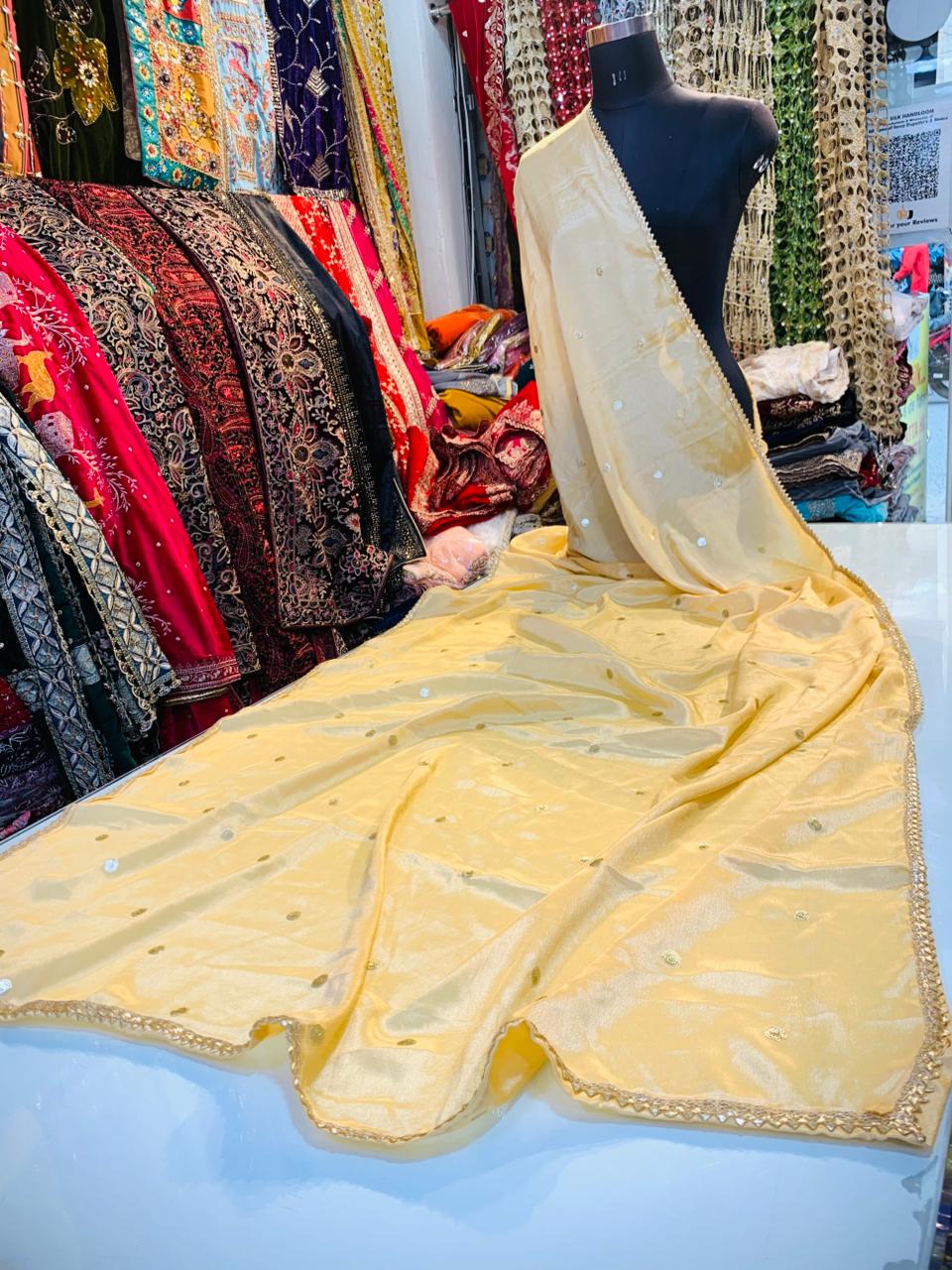 Light Golden Chinon Dupatta with Golden Sequence Work | Festive– PAAIE