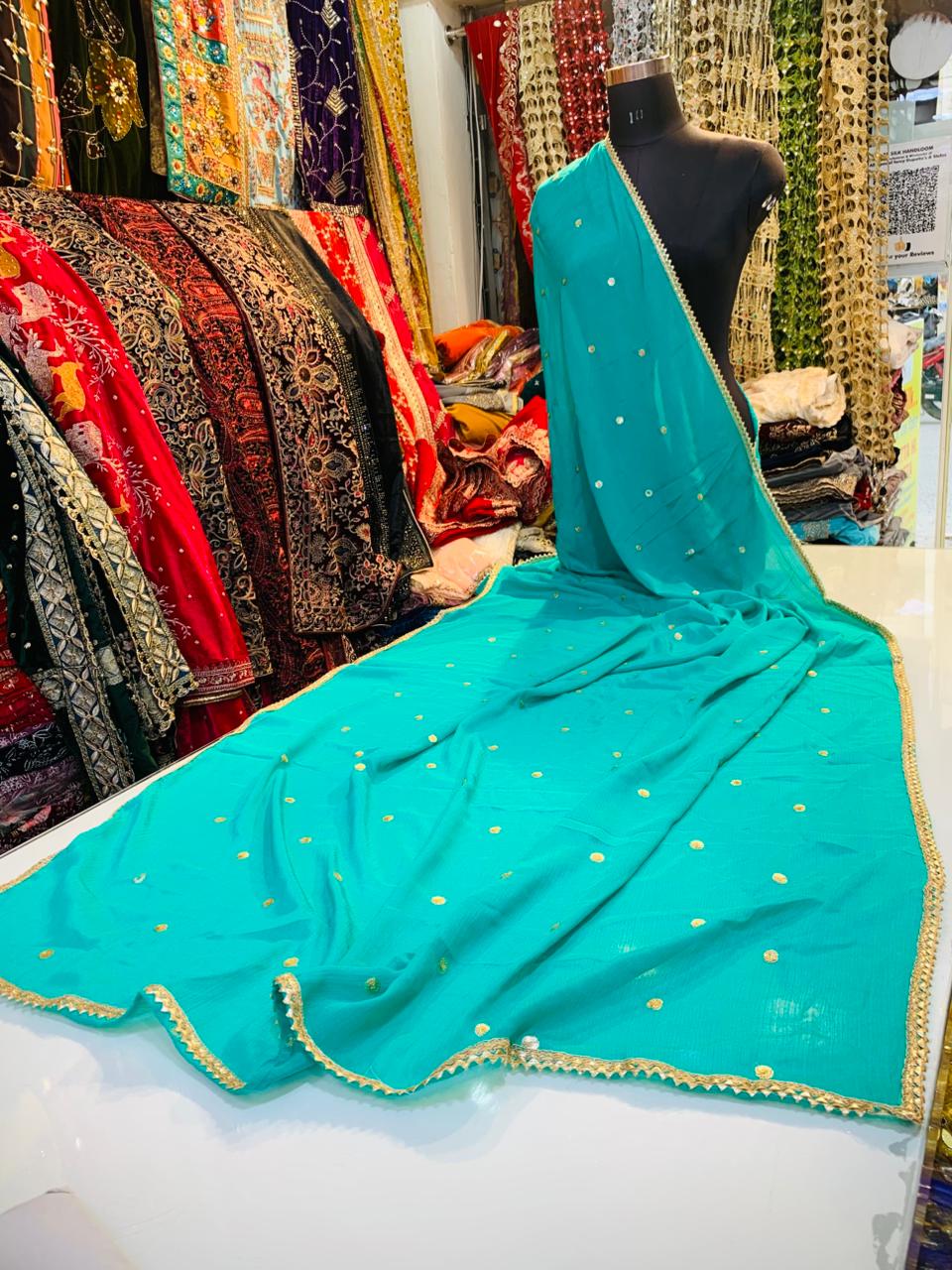 Sea Green Chinon Dupatta with Golden Sequence Work | Festive Wear– PAAIE