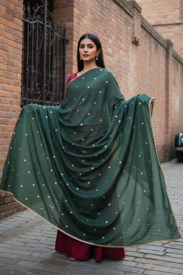 Mehandi Green Chinon Dupatta with Golden Sequence Work | Festive– PAAIE