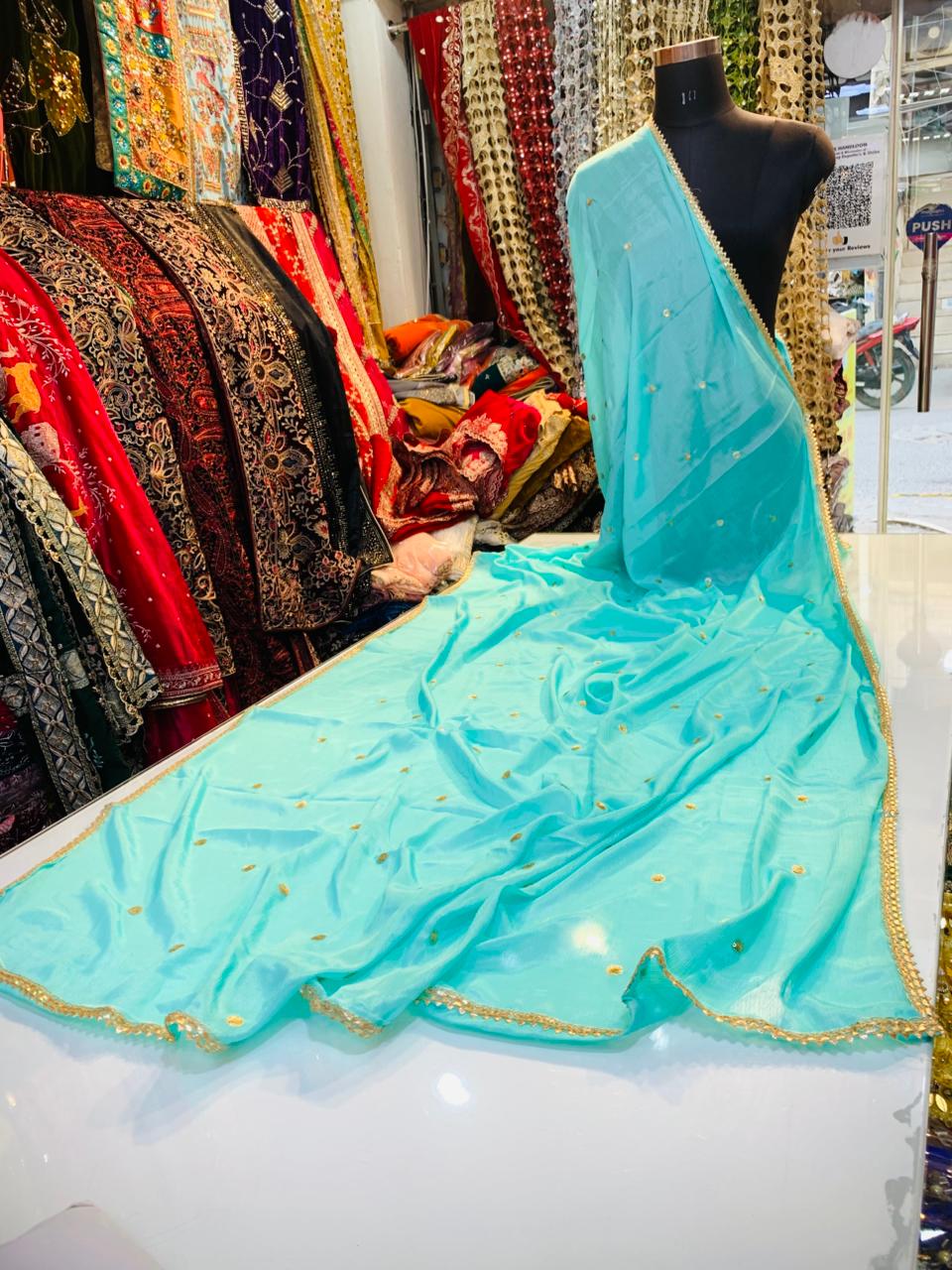 Light Green Chinon Dupatta with Golden Sequence Work | Festive– PAAIE