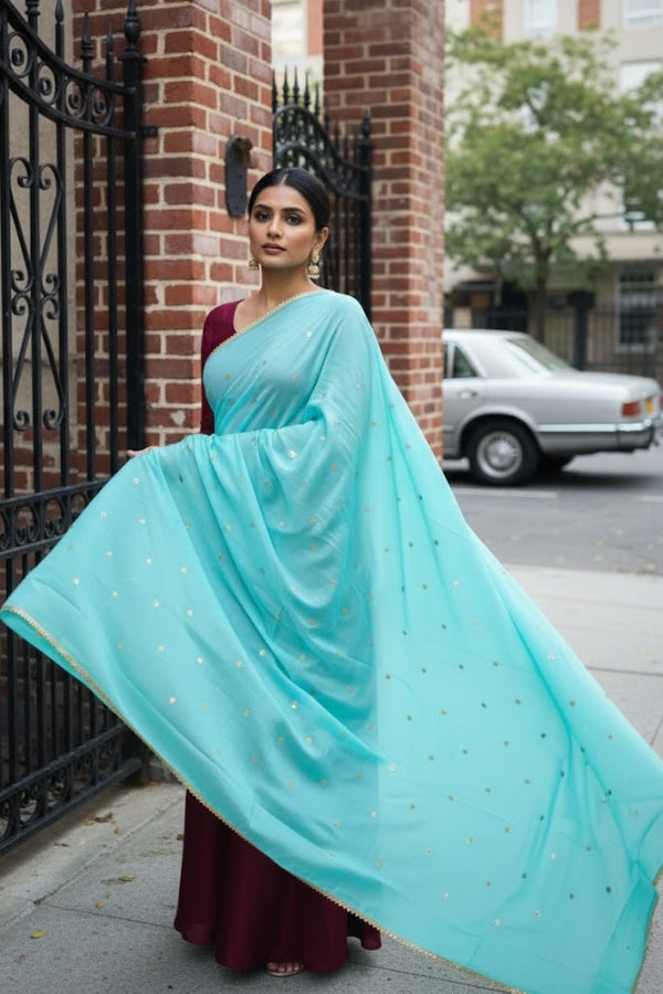 Light Green Chinon Dupatta with Golden Sequence Work | Festive– PAAIE