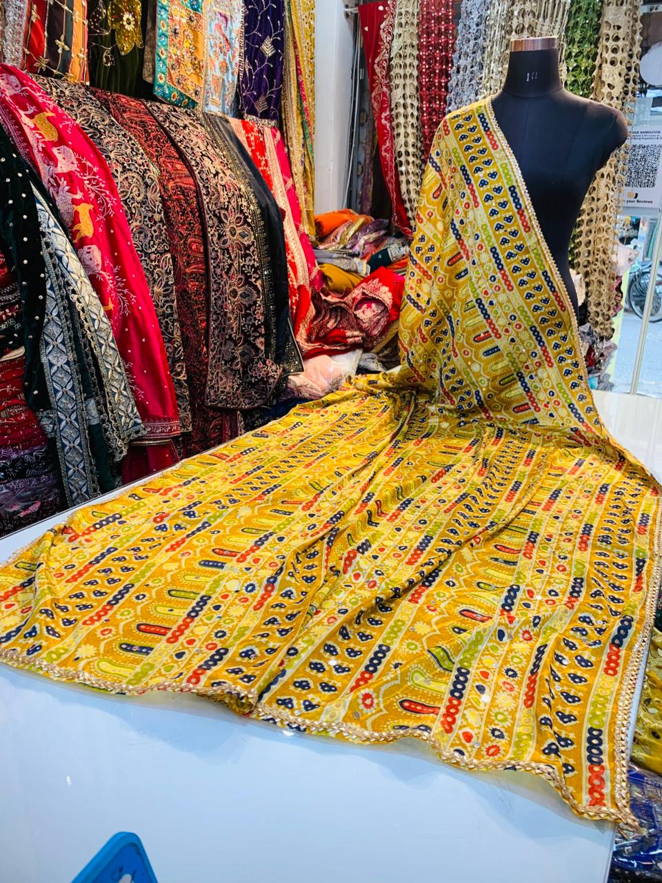 Yellow and Multi Printed Mirror Work Silk Dupatta | Premium Drape– PAAIE