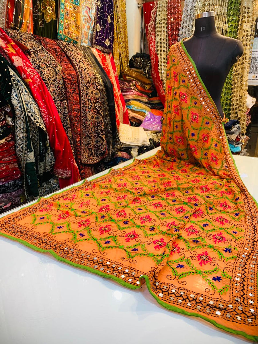 Orange & Multi Phulkari Work Georgette Dupatta | PAAIE India