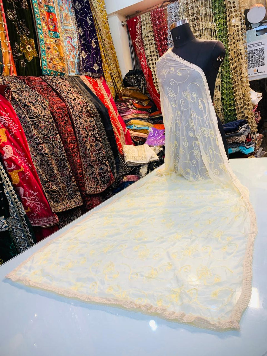 Dark Cream Thread Work Chiffon Dupatta | PAAIE India Online Store