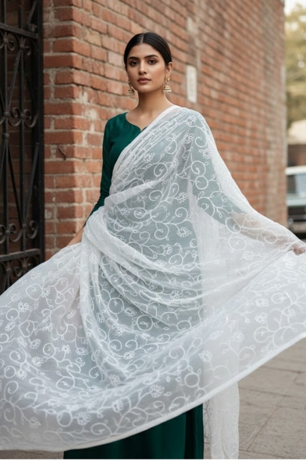 White Thread Work Chiffon Dupatta | PAAIE India Online Store