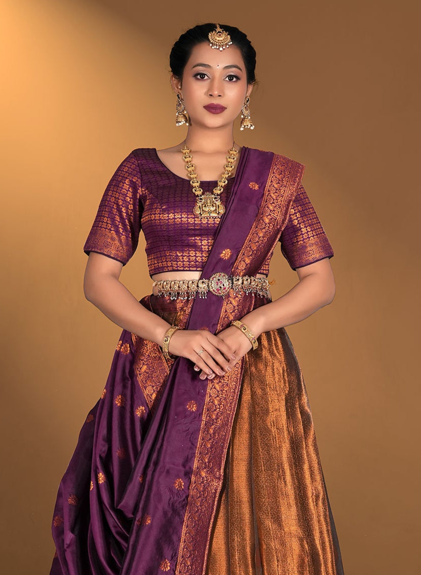 Copper Gold & Wine Silk Zari Woven Half Saree for Women– PAAIE