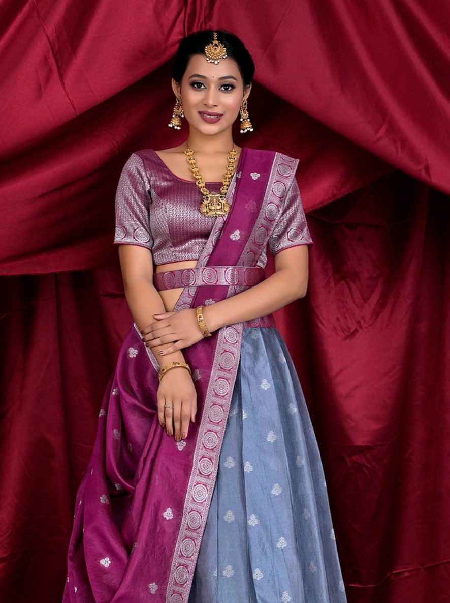 Light Grey & Magenta Silk Zari Woven Half Saree for Women– PAAIE